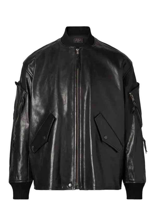 BEAMS Leather Bomber Jacket - Black
