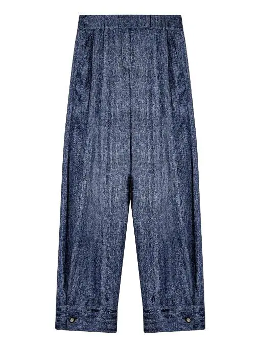 Giorgio Armani Denim-print Silk Pleated Trousers - Blue / Navy