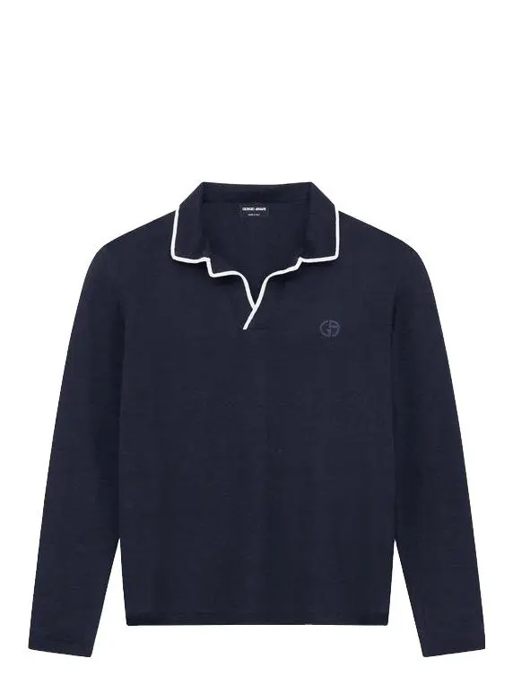 Giorgio Armani Linen And Silk Blend Knit Polo Shirt - Navy