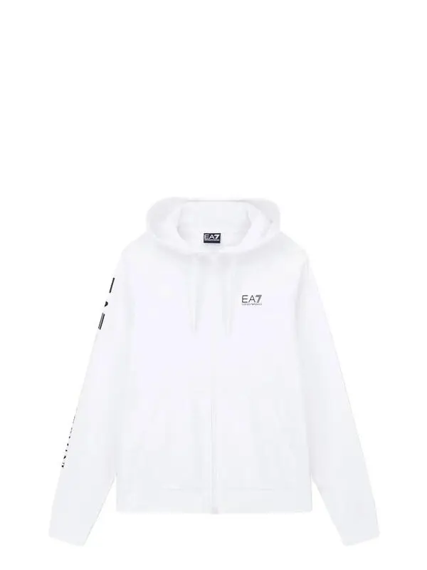 EA7 Logo Series Cotton Hooded Zip-up Sweatshirt - White