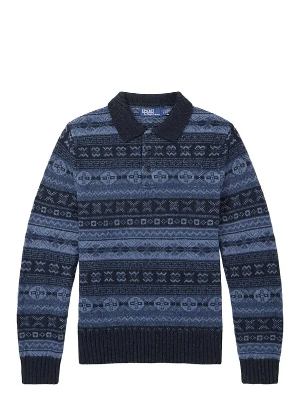 Polo Ralph Lauren Fair Isle Wool And Linen-blend Polo Sweater - Blue