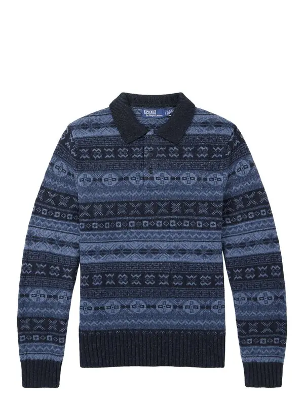 Polo Ralph Lauren Fair Isle Wool And Linen-blend Polo Sweater - Navy