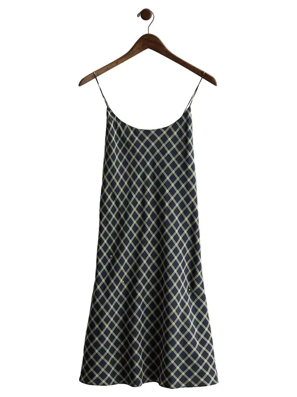 Ralph Lauren C. 1995 Windowpane Silk Dress - Blue