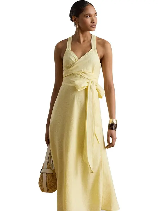 Ralph Lauren Striped Tie-front Linen Midi Dress - Yellow/white