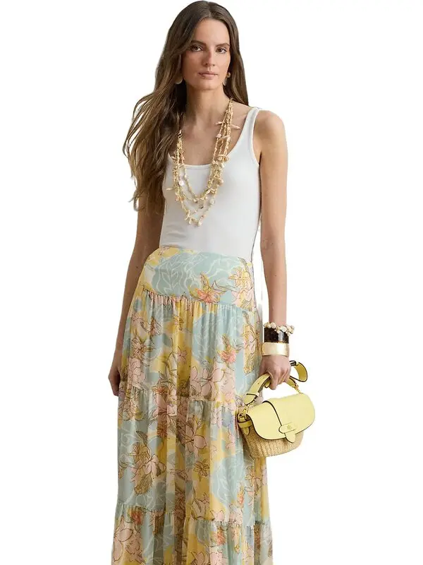 Ralph Lauren Floral Georgette Maxi Skirt - Cream/blue Multi