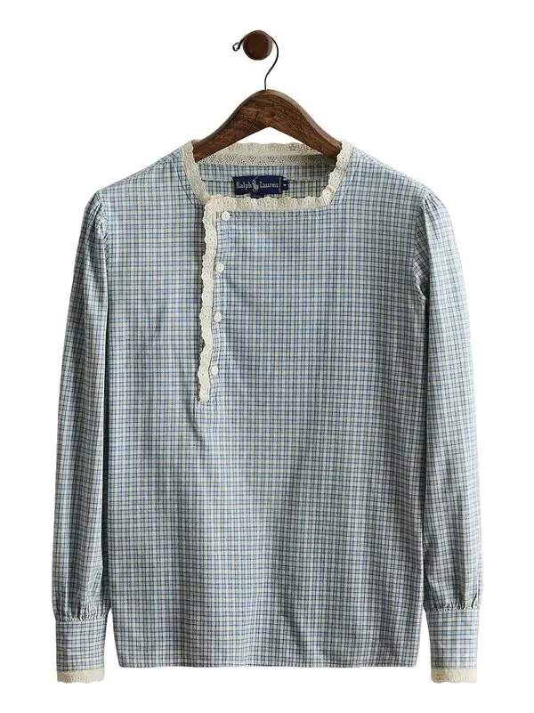 Ralph Lauren C. 1985 Checked Cotton Blouse - Blue