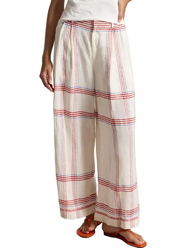 Ralph Lauren Plaid Linen Cropped Wide-leg Pant - Cream Red Multi
