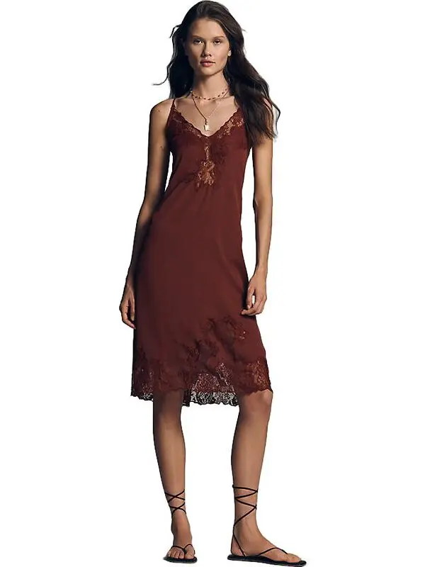 LYREBIRD Silky Lace Midi Slip Dress - Madder Brown