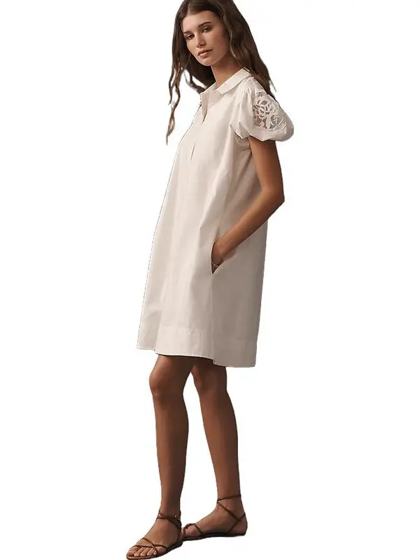 Maeve Embroidered Puff-sleeve Mini Shirt Dress - White