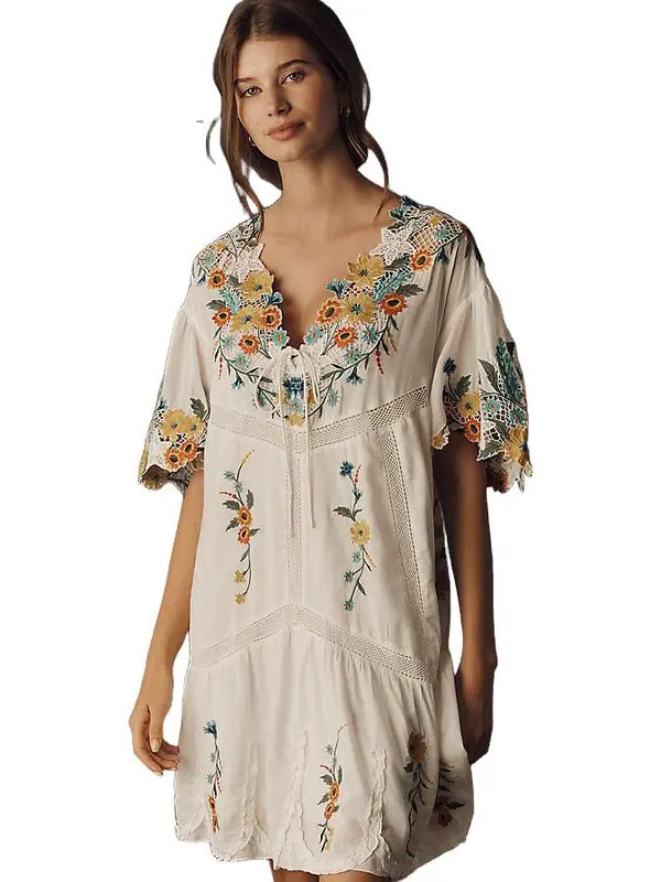 Anthropologie Embroidered Short-sleeve Mini Swing Dress - Ivory Floral