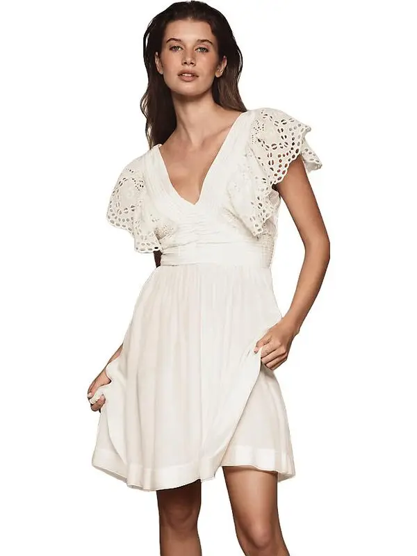 Anthropologie Eyelet Flutter-sleeve Mini Dress - White