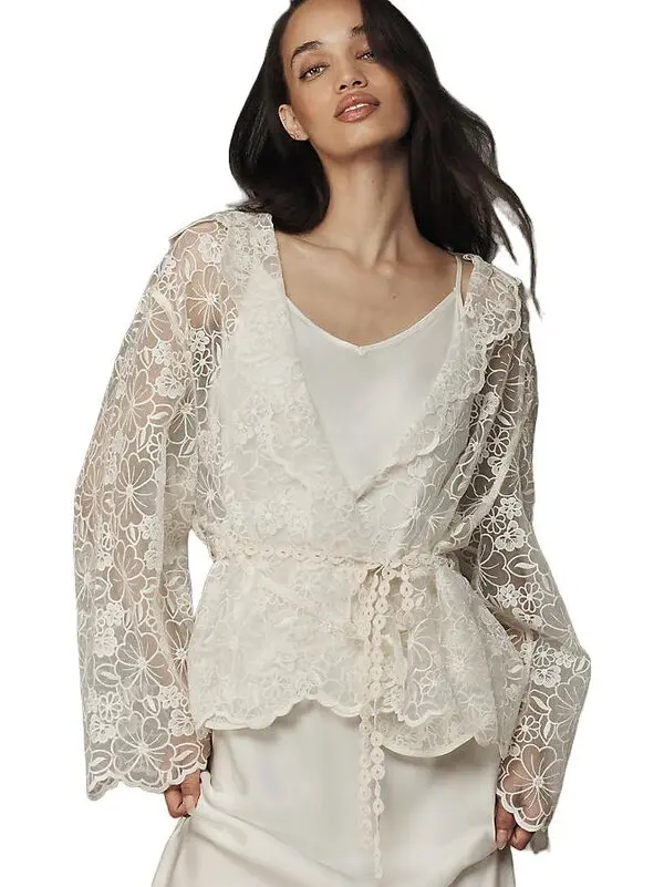 Anthropologie Sheer Floral Lace Tie-waist Jacket - Ivory Cream