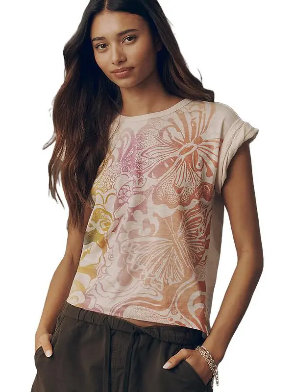 PILCRO Notched Graphic T-shirt Top - Neutral Pattern