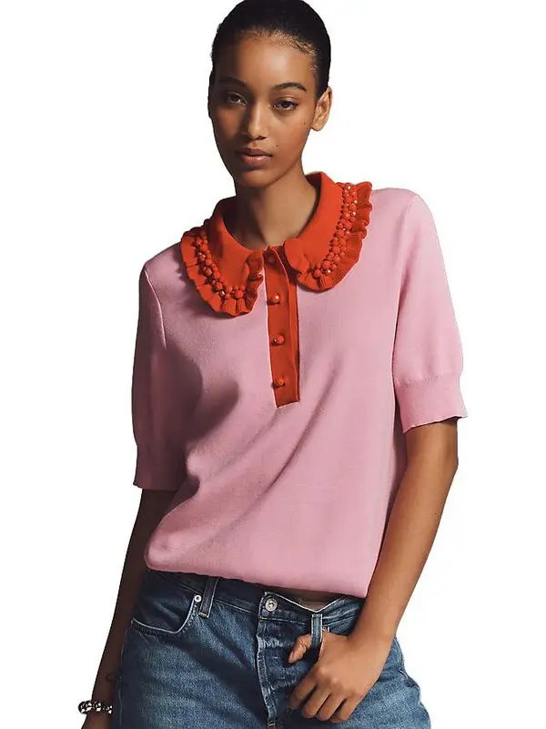 Essentiel Antwerp Jewelry Beaded Collared Sweater - Cotton Candy