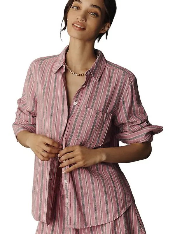 Maeve Kate Classic Linen Blend Buttondown Shirt - Pink Stripe