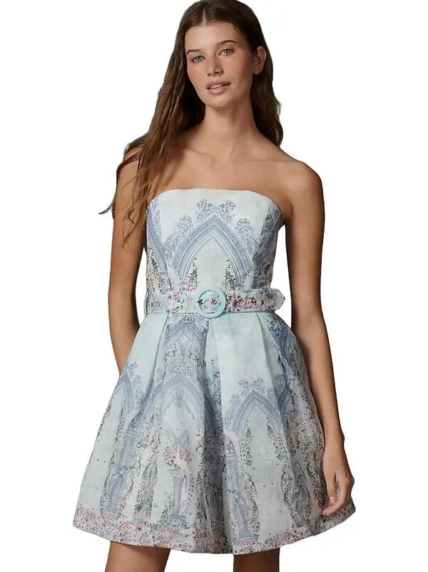 AQUA BLU AUSTRALIA Indie Belted Linen Strapless Mini Dress - Blue Floral