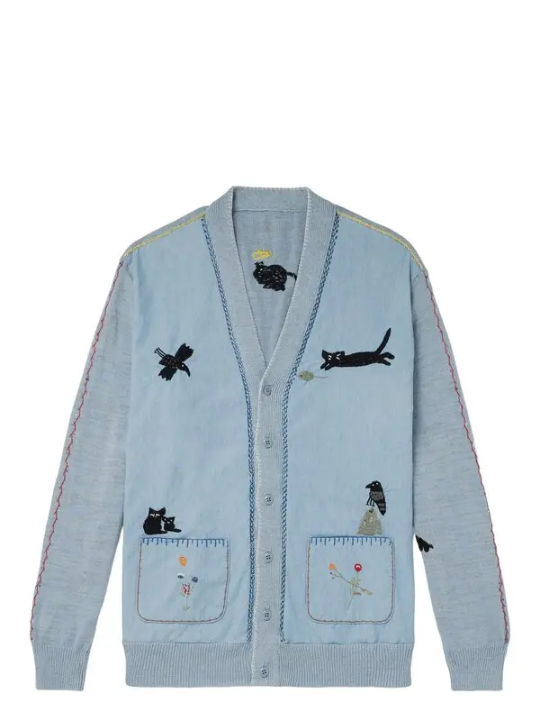 Kapital Embroidered Chambray And Cotton Cardigan - Blue
