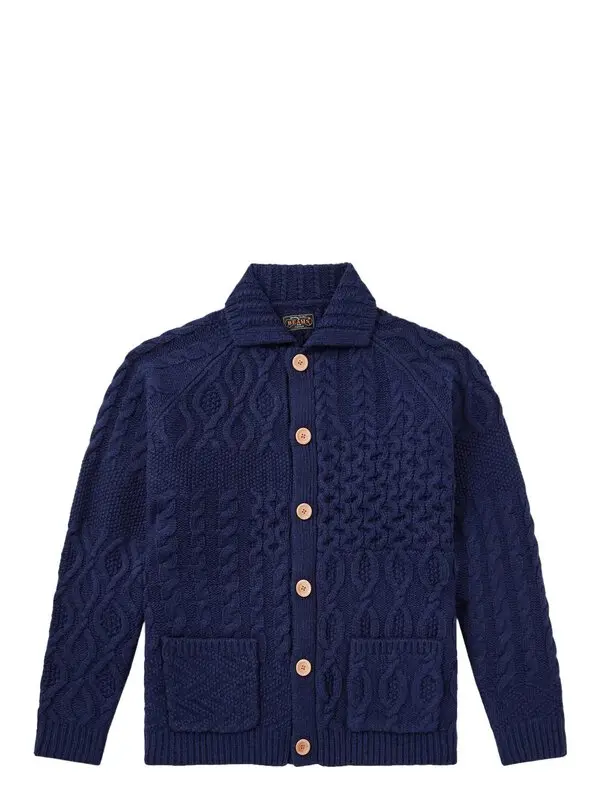 BEAMS Alan Patchwork Cable-knit Wool Cardigan - Blue