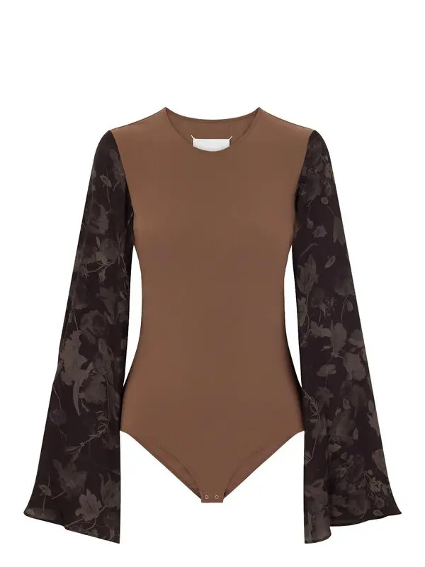 MAISON MARGIELA Floral-print Silk-chiffon Trimmed Jersey Bodysuit - Brown