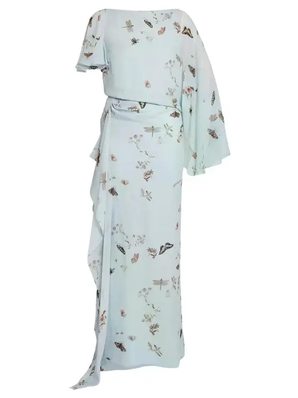 Erdem Floral Print Draped Gown - Blue