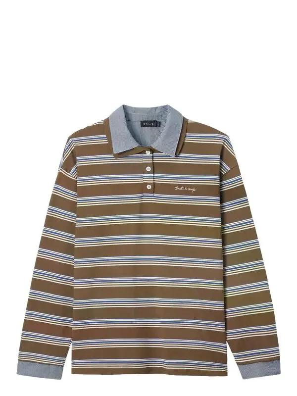 TOUT A COUP Striped Collared Polo Top - Brown