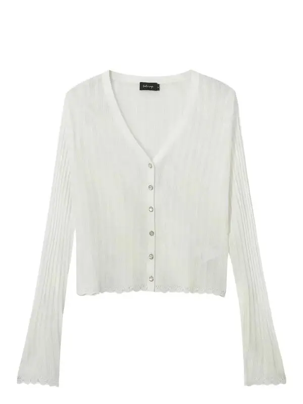 TOUT A COUP Ribbed Knit Scalloped Cardigan - White