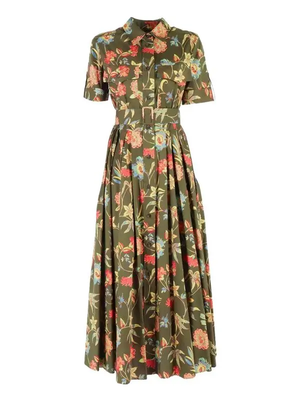 FAY Floral Belted Midi Shirt - Green