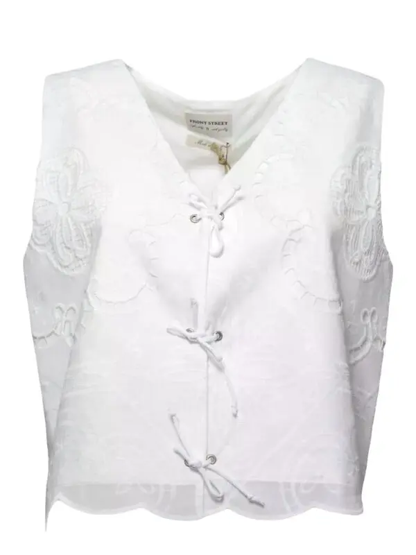 FRONT STREET 8 V-neck Floral-embroidered Top - White