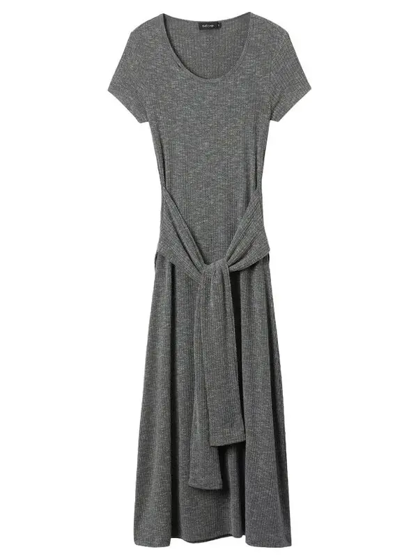 TOUT A COUP Tie-waist Short-sleeve Dress - Grey