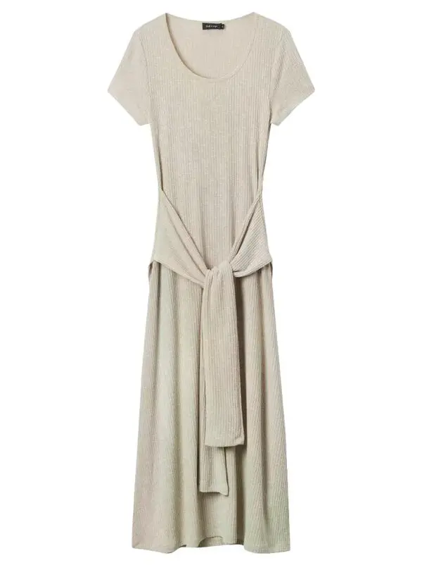 TOUT A COUP Ribbed Tie Midi Dress - Neutrals