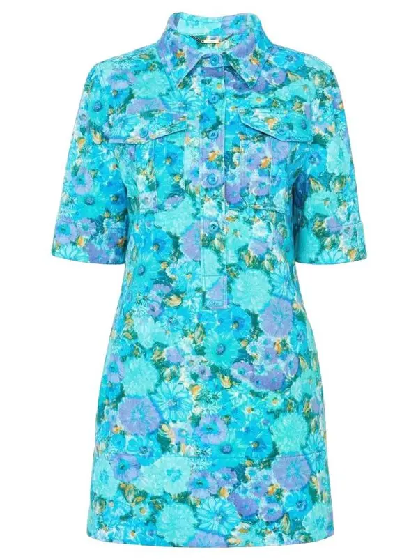 Chloé Floral-patch Cotton Mini Dress - Blue