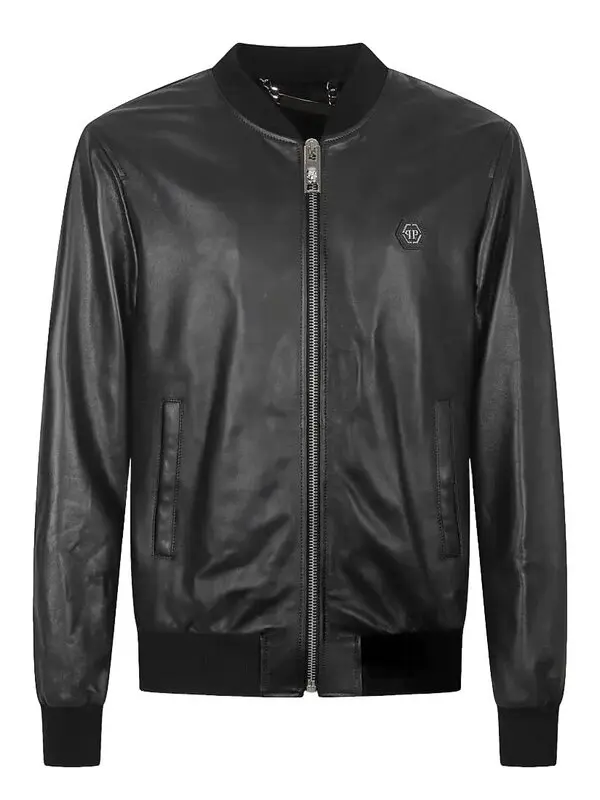 Philipp Plein Leather Bomber Jacket - Black