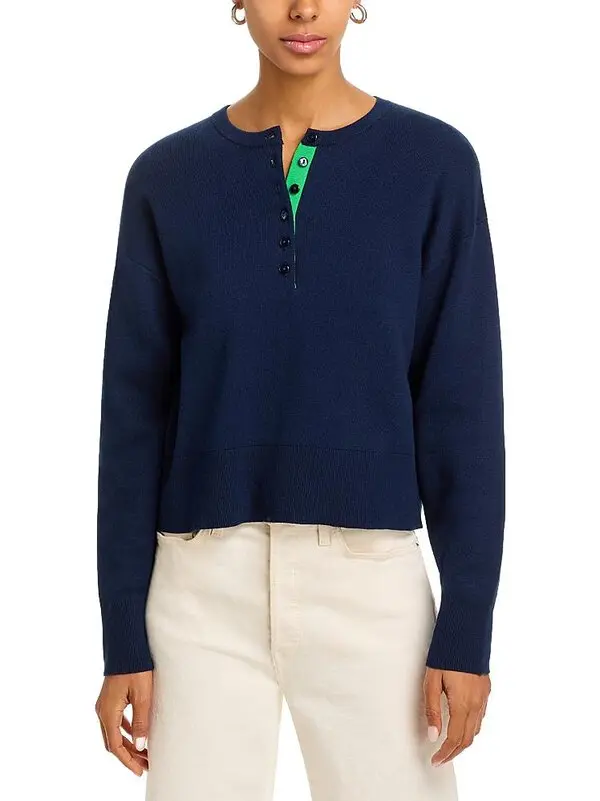 525 America Genevieve Solid Drop Shoulder Henley Sweater - Dark Blue
