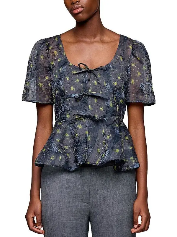 GANNI Shibori Organza Peplum Blouse - Black Sand