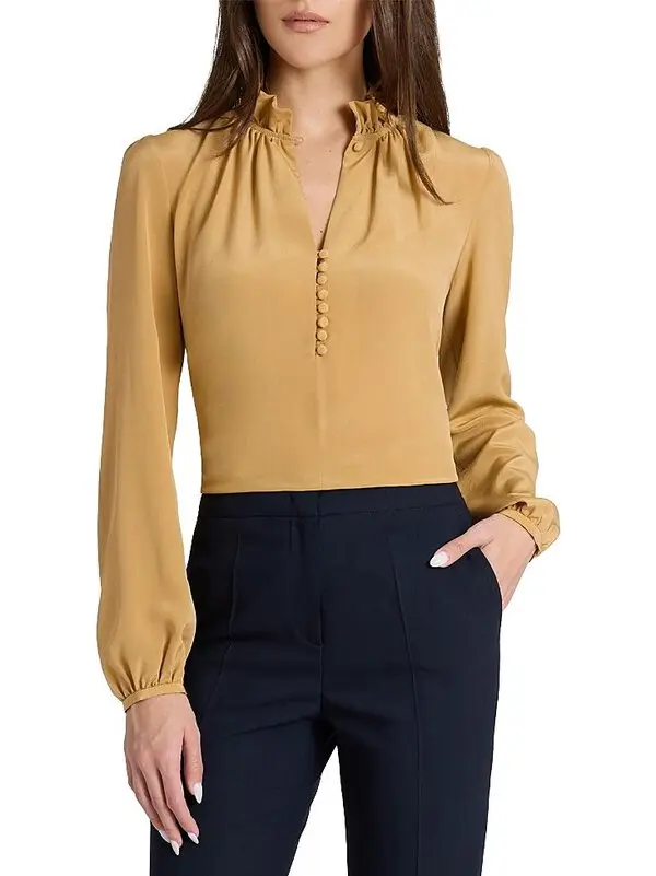 Santorelli Astrid Long Sleeve Ruffle-neck Silk Top - Dune Sand