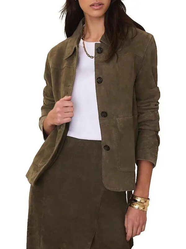 Mint Velvet Suede Jacket With Pockets - Khaki