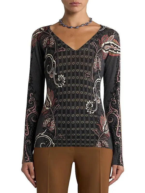 Etro Silk Cashmere V-neck Long Sleeve Sweater - Multi/white
