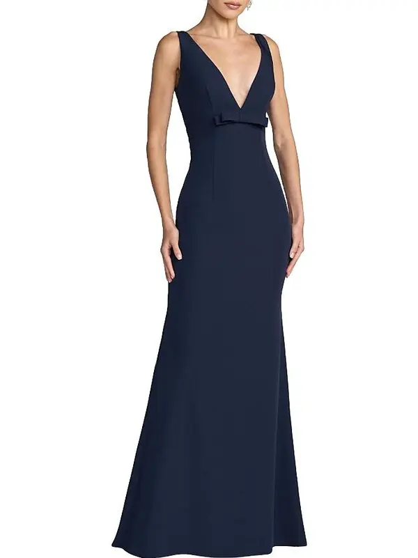 Mac Duggal Crepe V-neck Mermaid Gown With Bow Detail - Midnight