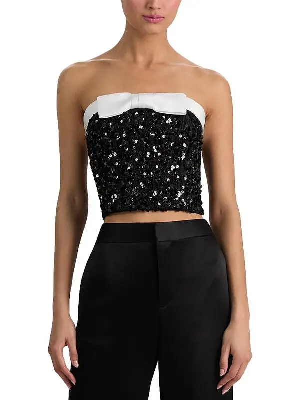 Alice + Olivia Katya Sequin Tweed Crop Top - Black/off White