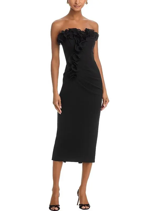 Aqua Scuba Crepe Strapless Ruffle Midi Dress - Black