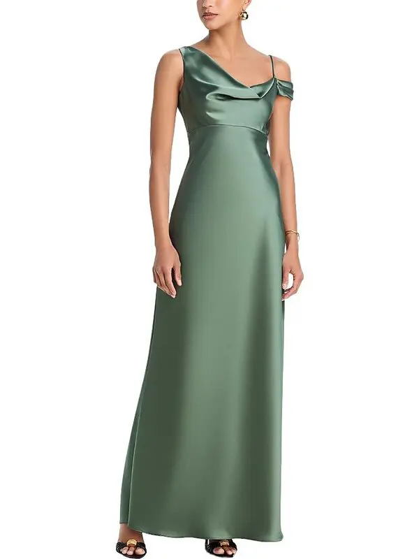 Aqua Long Satin One Shoulder Gown - Olive