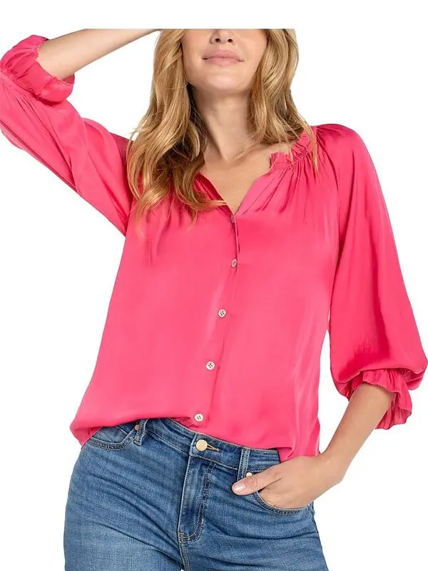 LIVERPOOL Three Quarter Sleeve Button Front Woven Top - Perfect Pink