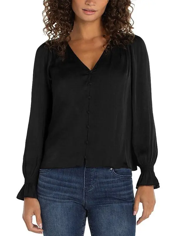 LIVERPOOL Long Sleeve Button Front Top With Smocking - Black Print