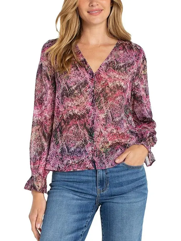 LIVERPOOL Long Sleeve Button Front Top With Smocking - Pink Multi Starburst