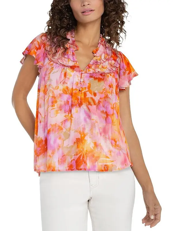 LIVERPOOL Ruffled Flutter Sleeve Top - Orange Pink Multi