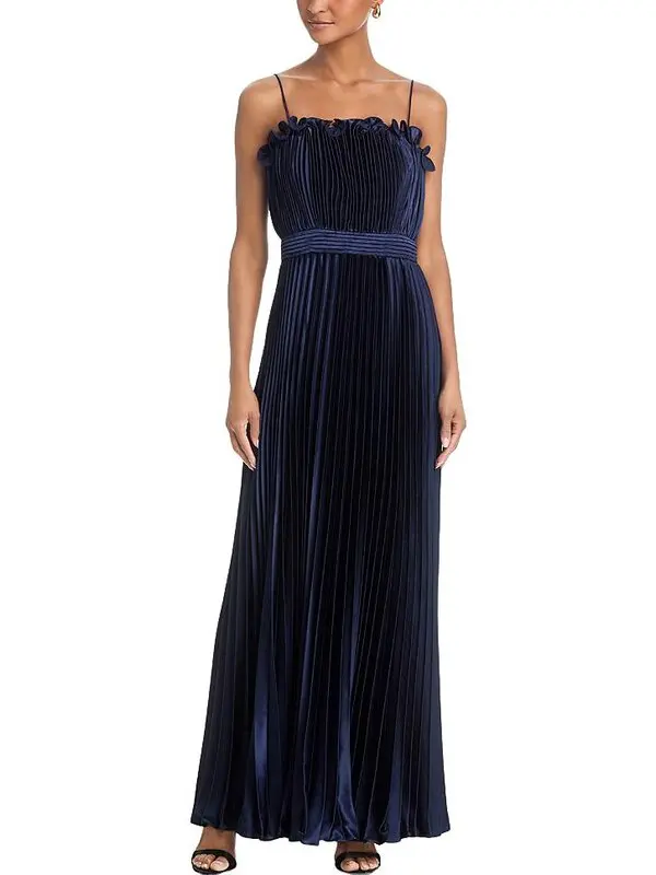 Aqua Long Pleated Spaghetti Strap Gown - Navy
