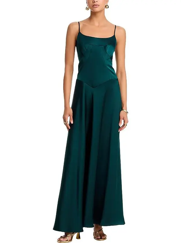 Aqua Satin Lace Up Back Gown - Pine