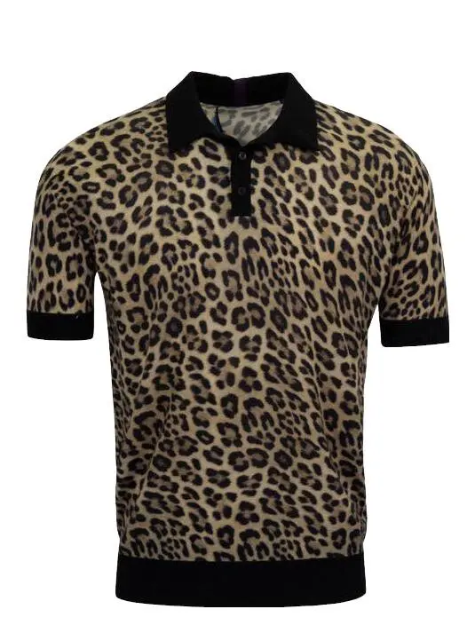 LORDS OF HARLECH Leopard Merino Silk Cashmere Polo - Leopard Brown