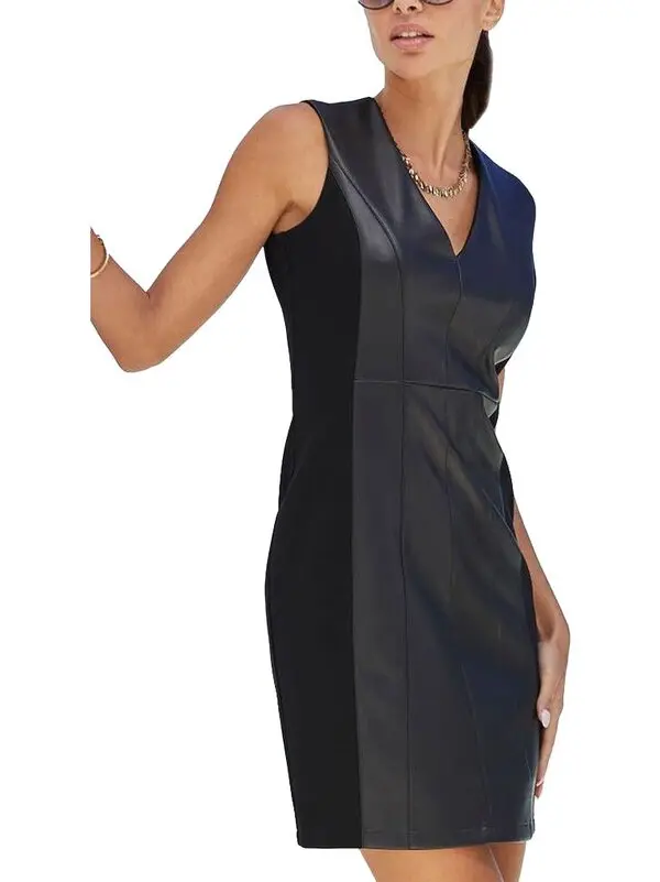 LASCANA Faux Leather V-neck Sheath Dress - Black