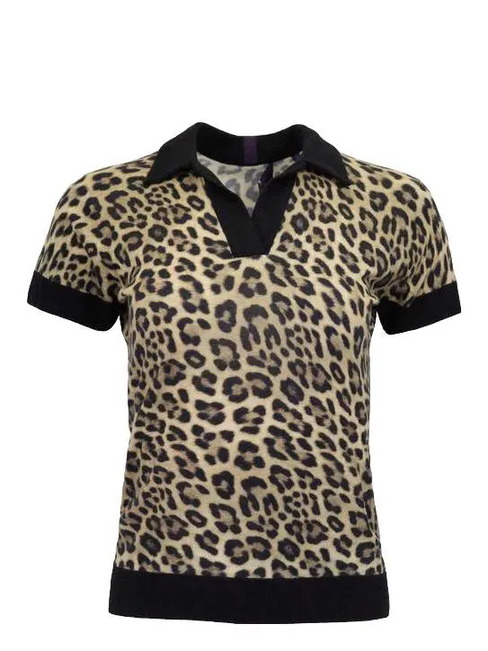 LORDS OF HARLECH Leopard Merino Silk Cashmere Polo - Leopard Brown